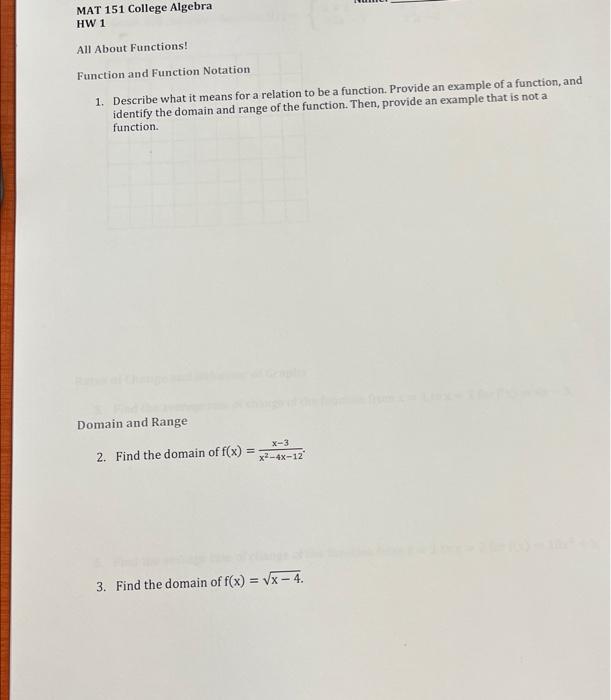 Solved MAT 151 College Algebra HW 1 All About Functions! | Chegg.com
