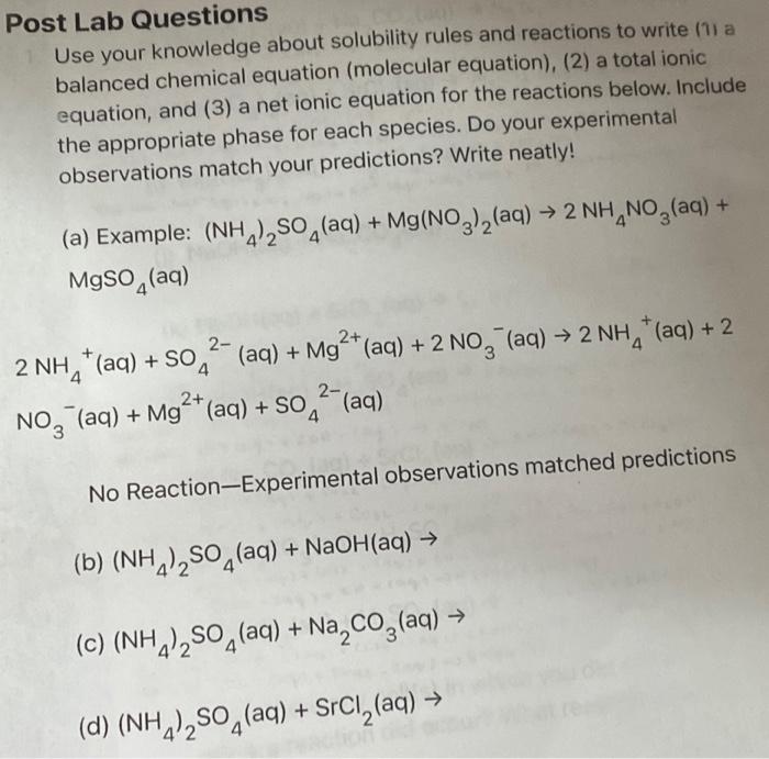 Solved Post Lab Questions Use your knowledge about | Chegg.com