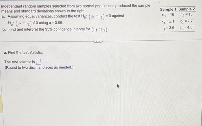 Solved Independent random samples selected from two normal | Chegg.com