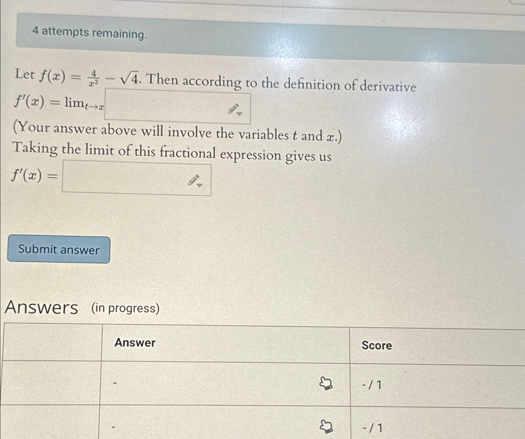 Solved 4 ﻿attempts remaining.Let f(x)=4x2-42. ﻿Then | Chegg.com