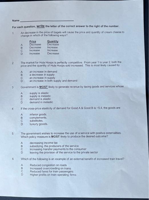 Solved For each question, write the letter of the correct | Chegg.com