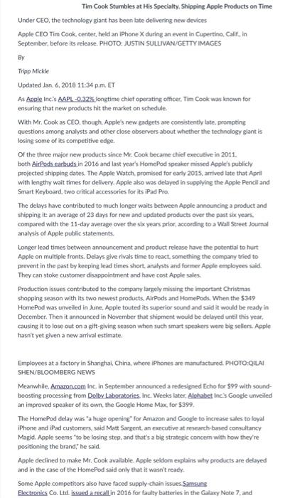 Solved Tim Cook Stumbles at His Specialty. Shipping Apple | Chegg.com