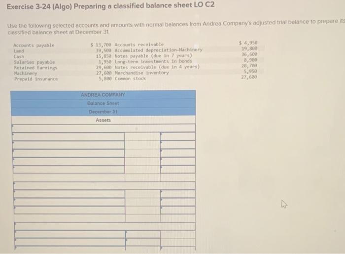 Solved Exercise 3-24 (Algo) Preparing a classified balance | Chegg.com