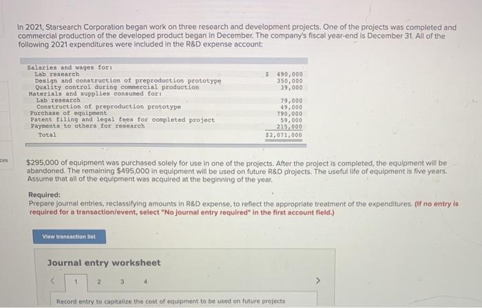 Solved In 2021, Starsearch Corporation began work on three | Chegg.com