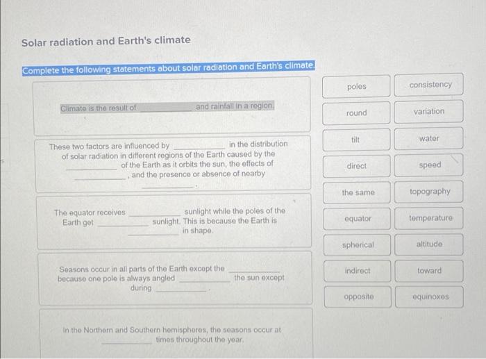 Solved Solar radiation and Earth's climate Complete the | Chegg.com