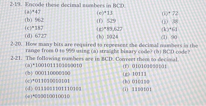Solved 2-19. Encode these decimal numbers in BCD. (a) ⋆47 | Chegg.com