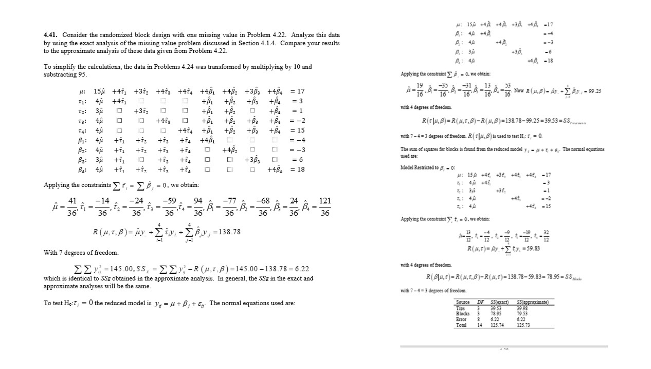 Solved 4.41. ﻿Consider the randomized block design with one | Chegg.com