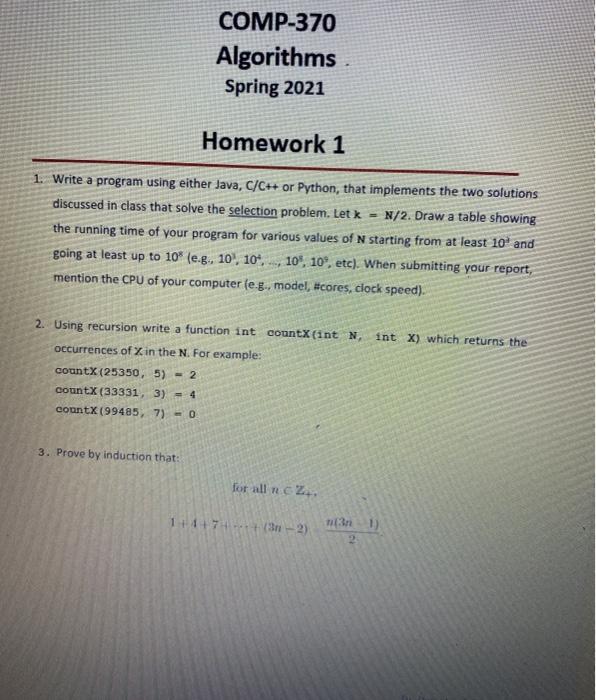Solved COMP-370 Algorithms Spring 2021 Homework 1 1. Write a | Chegg.com