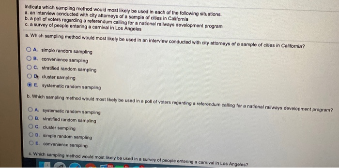 Solved Indicate which sampling method would most likely be | Chegg.com