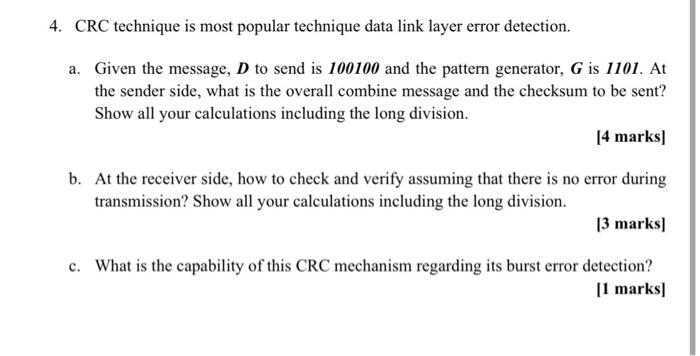 Solved 4. CRC technique is most popular technique data link | Chegg.com