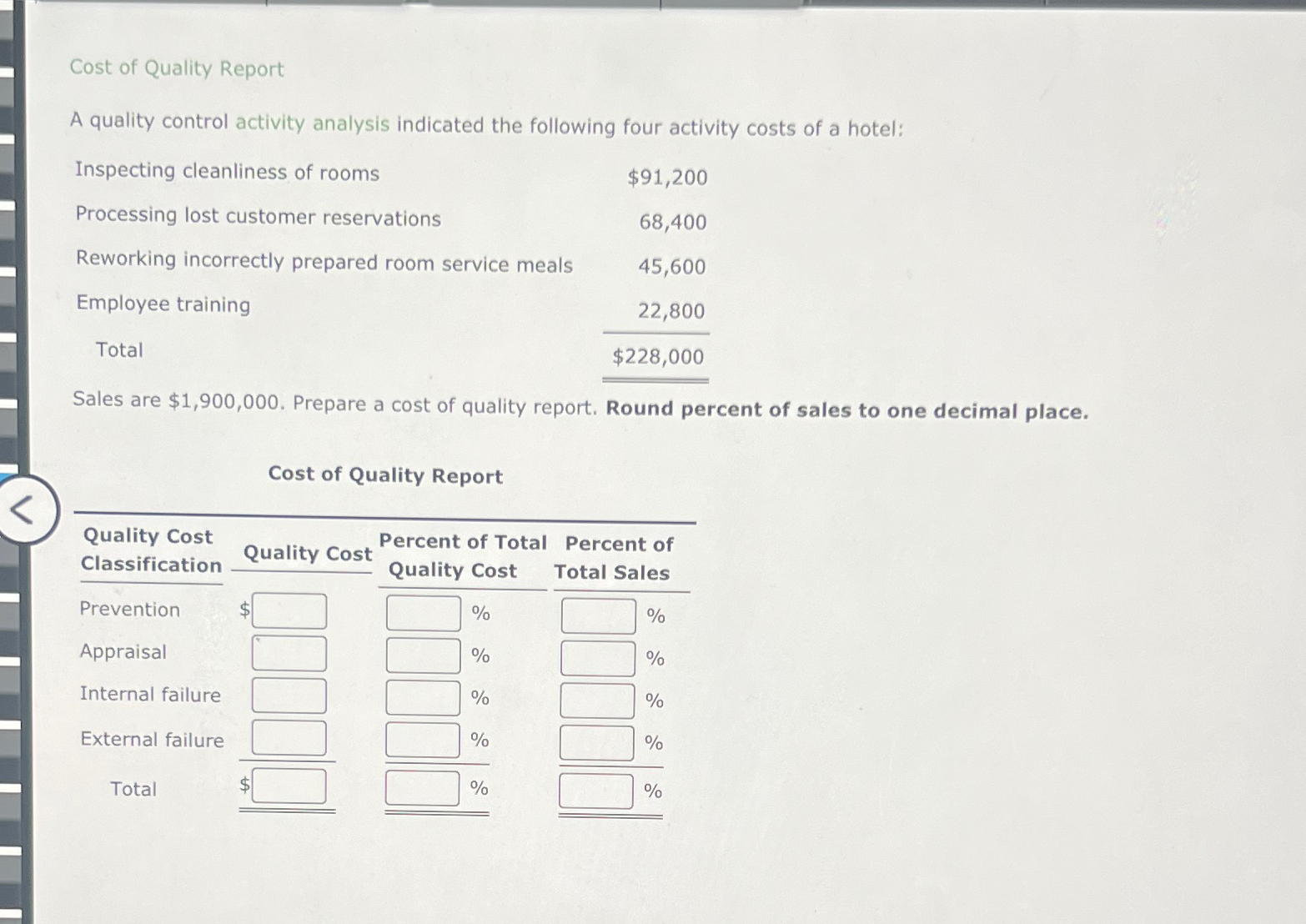 Cost of Quality ReportA quality control activity | Chegg.com