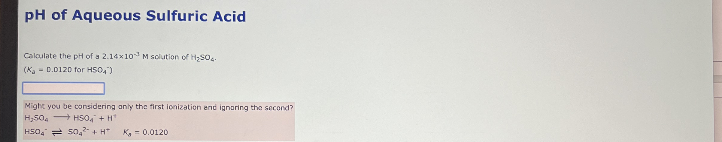 pH of Aqueous Sulfuric AcidCalculate the pH of a | Chegg.com