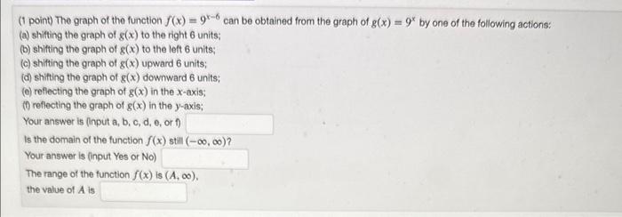 Solved (1 point) The graph of the function f(x)=9x−6 can be | Chegg.com