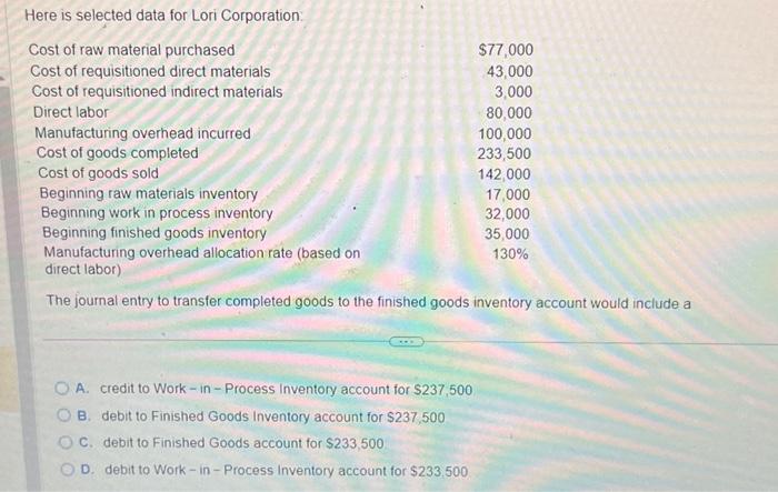 Solved The journal entry to transfer completed goods to the | Chegg.com
