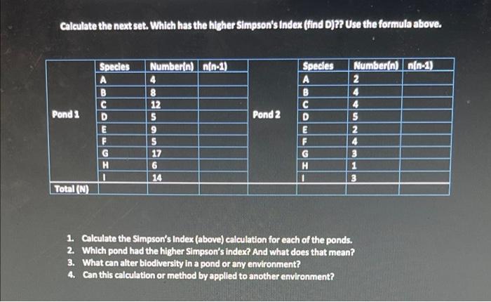 Solved Blodiversity Index, The Simpson Index (below) | Chegg.com