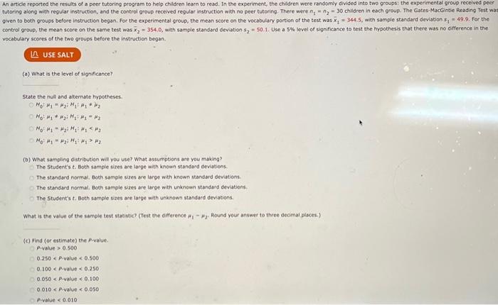 Solved artice reported the results of a peer tutoring | Chegg.com