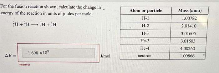 Solved For the fusion reaction shown, calculate the change | Chegg.com