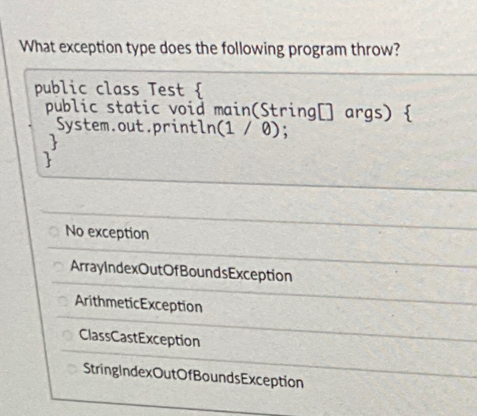 Solved What exception type does the following program | Chegg.com