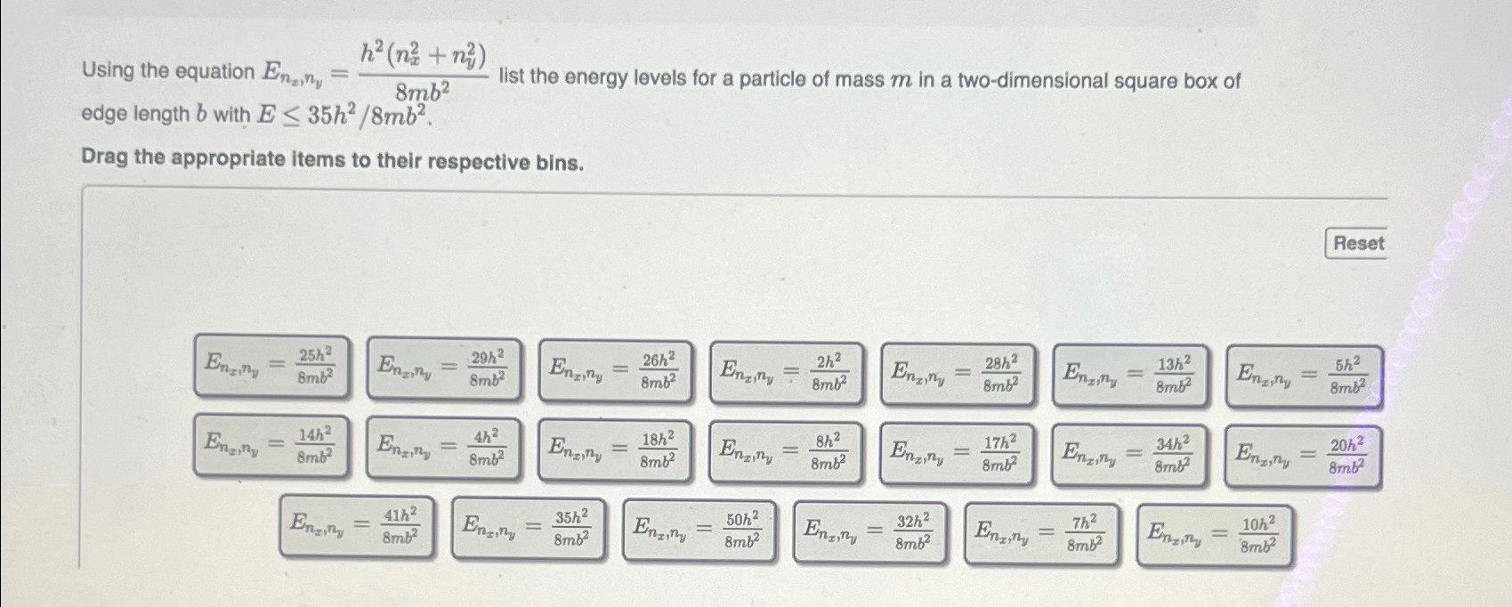 Using the equation Enz,nv=h2(nx2+ny2)8mb2 ﻿list the | Chegg.com