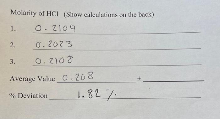 Solved Molarity of HCl (Show calculations on the back) 1. | Chegg.com