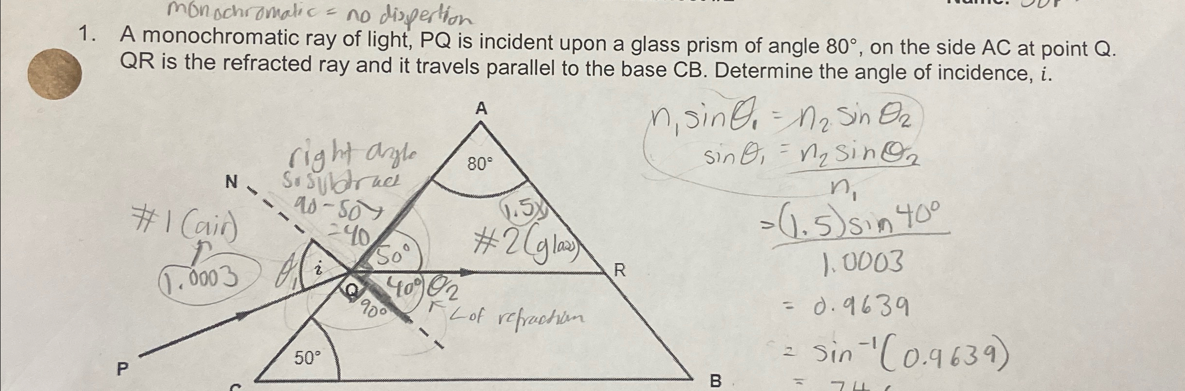 Solved monochromatic = ﻿no dispertionA monochromatic ray of | Chegg.com