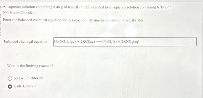 Solved An aqueous solution containing 8.48 g of lead(II) | Chegg.com