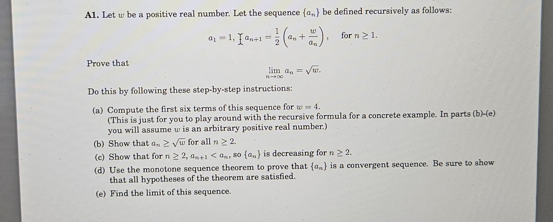 Solved A1. ﻿Let w ﻿be a positive real number. Let the | Chegg.com