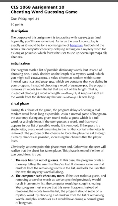 Solved CIS 1068 Assignment 10 Cheating Word Guessing Game | Chegg.com