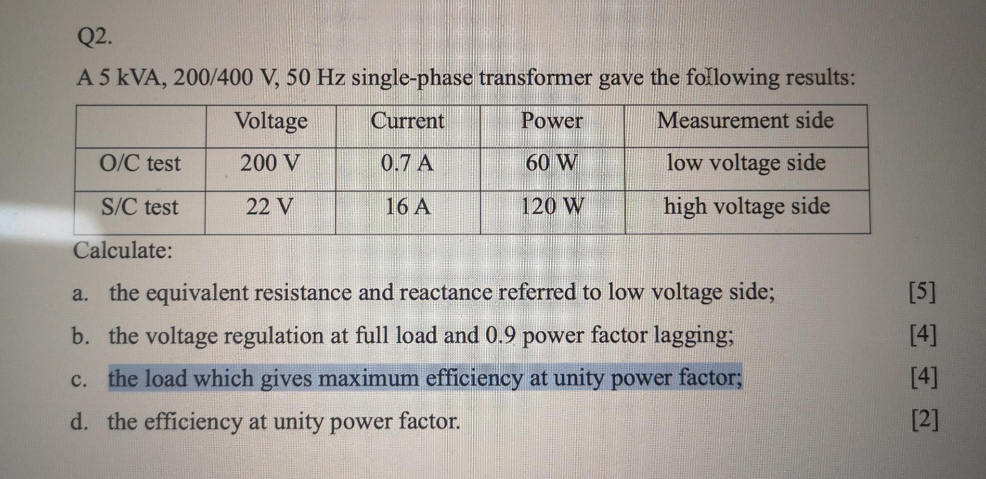 Solved A 5kVA,200/400 V,50 Hz single-phase transformer gave | Chegg.com