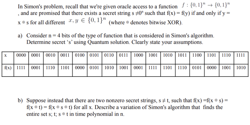 Solved In Simon's problem, recall that we're given oracle | Chegg.com