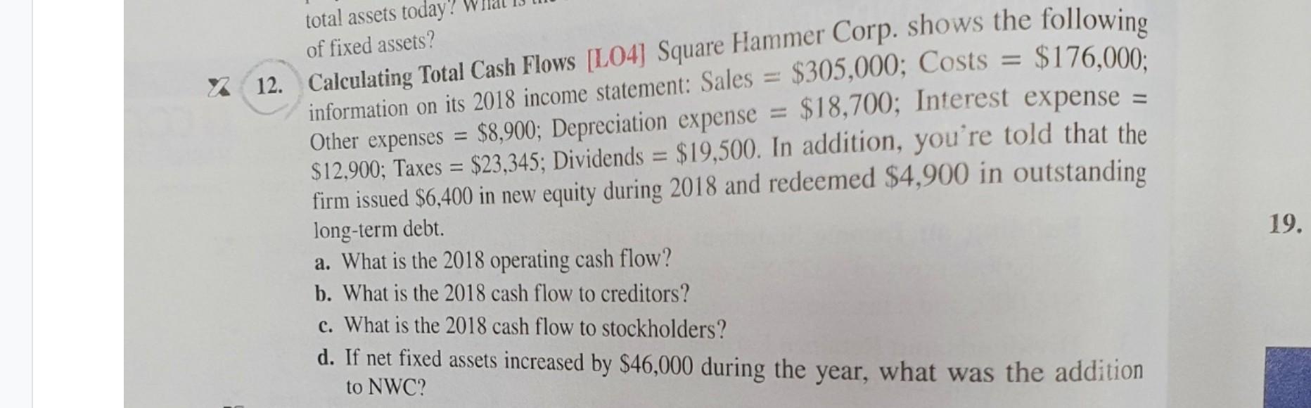 Solved 12. Calculating Total Cash Flows [LO4] Square Hammer | Chegg.com