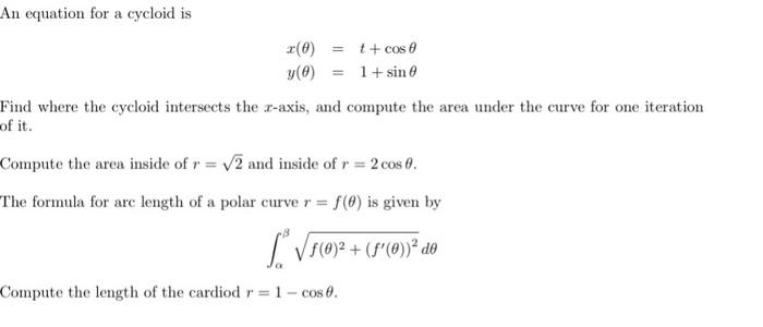 Solved An equation for a cycloid is x(θ)=t+cosθy(θ)=1+sinθ | Chegg.com