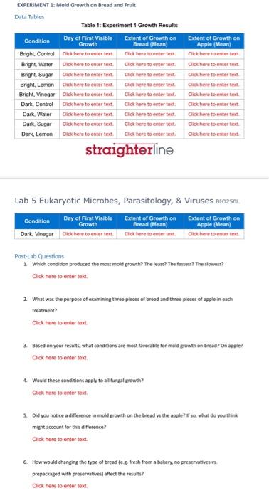 EXPERIMENT 1: Mold Growth an Bread and Fruit Data | Chegg.com