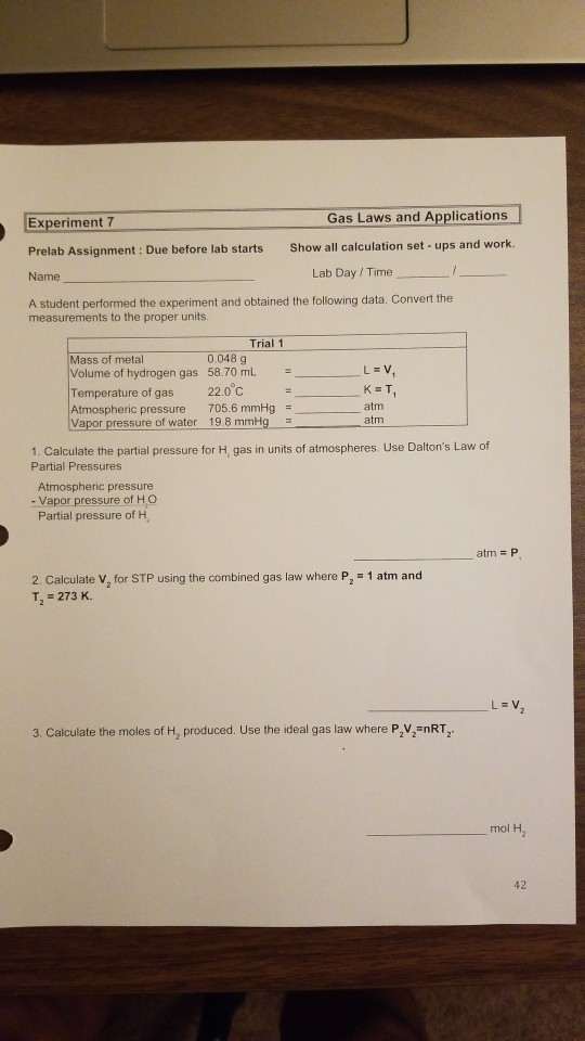 Solved Experiment 7 Gas Laws and Applications Prelab | Chegg.com