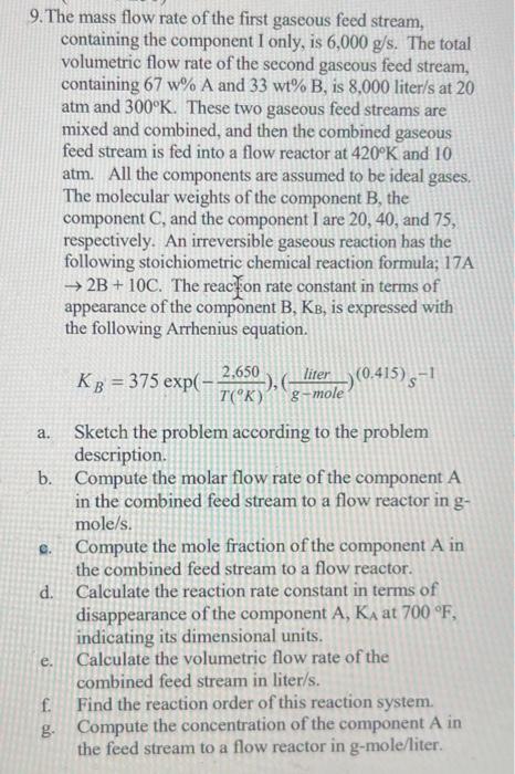 Solved 9. The mass flow rate of the first gaseous feed | Chegg.com