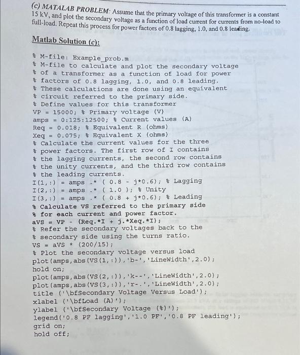 Solved - MATLAB Problems ∗1& \& 2 (Transformer: Analytical | Chegg.com