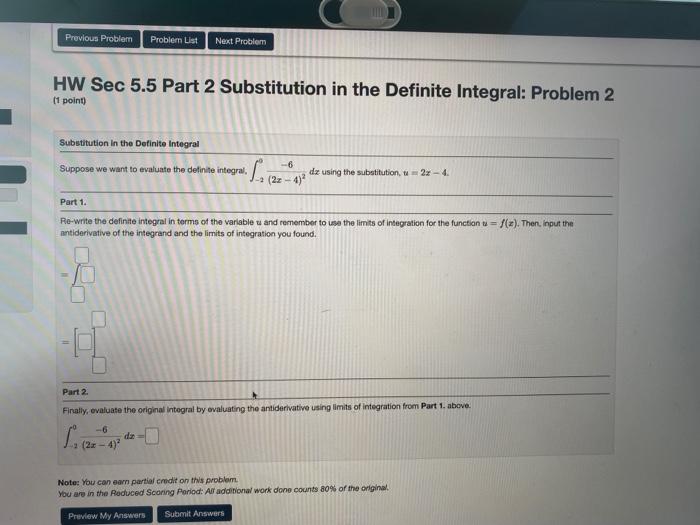 Solved HW Sec 5.5 Part 2 Substitution in the Definite | Chegg.com