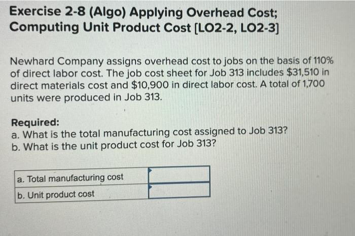 Solved Exercise 2-8 (Algo) Applying Overhead Cost; Computing | Chegg.com