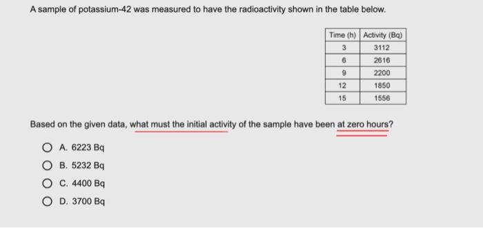 Solved A sample of potassium-42 was measured to have the | Chegg.com