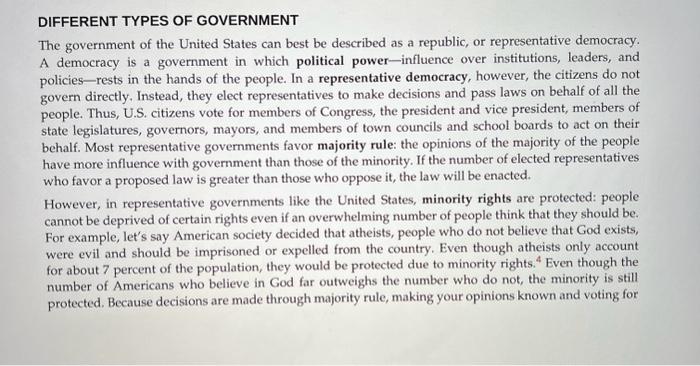 DIFFERENT TYPES OF GOVERNMENT The government of the | Chegg.com