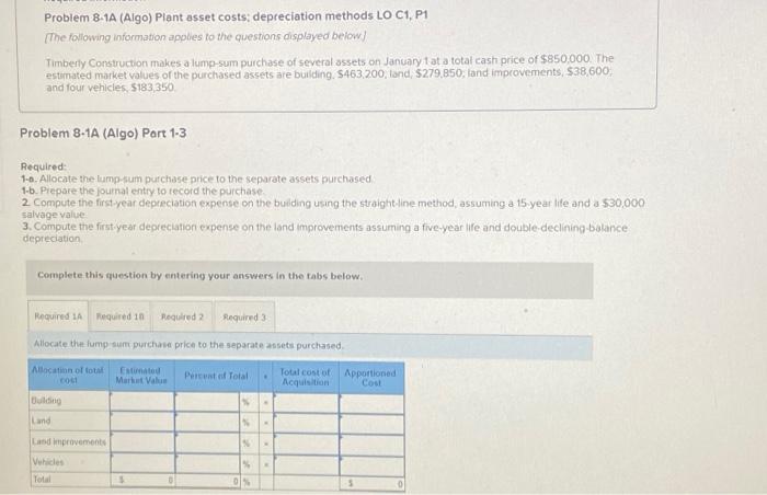 Solved Problem 8-1A (Algo) Plant asset costs; depreciation | Chegg.com