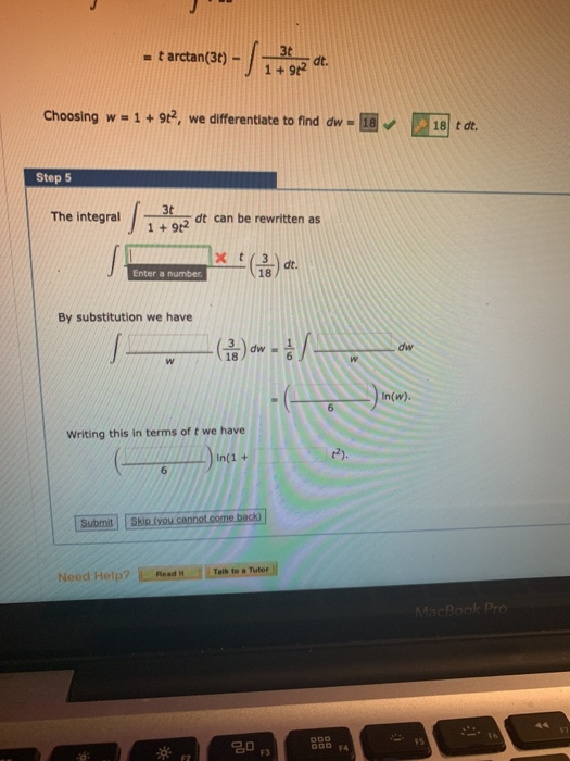 Solved 3t dt. 1+9t2 t arctan(3t) Choosing w 1+9, we | Chegg.com