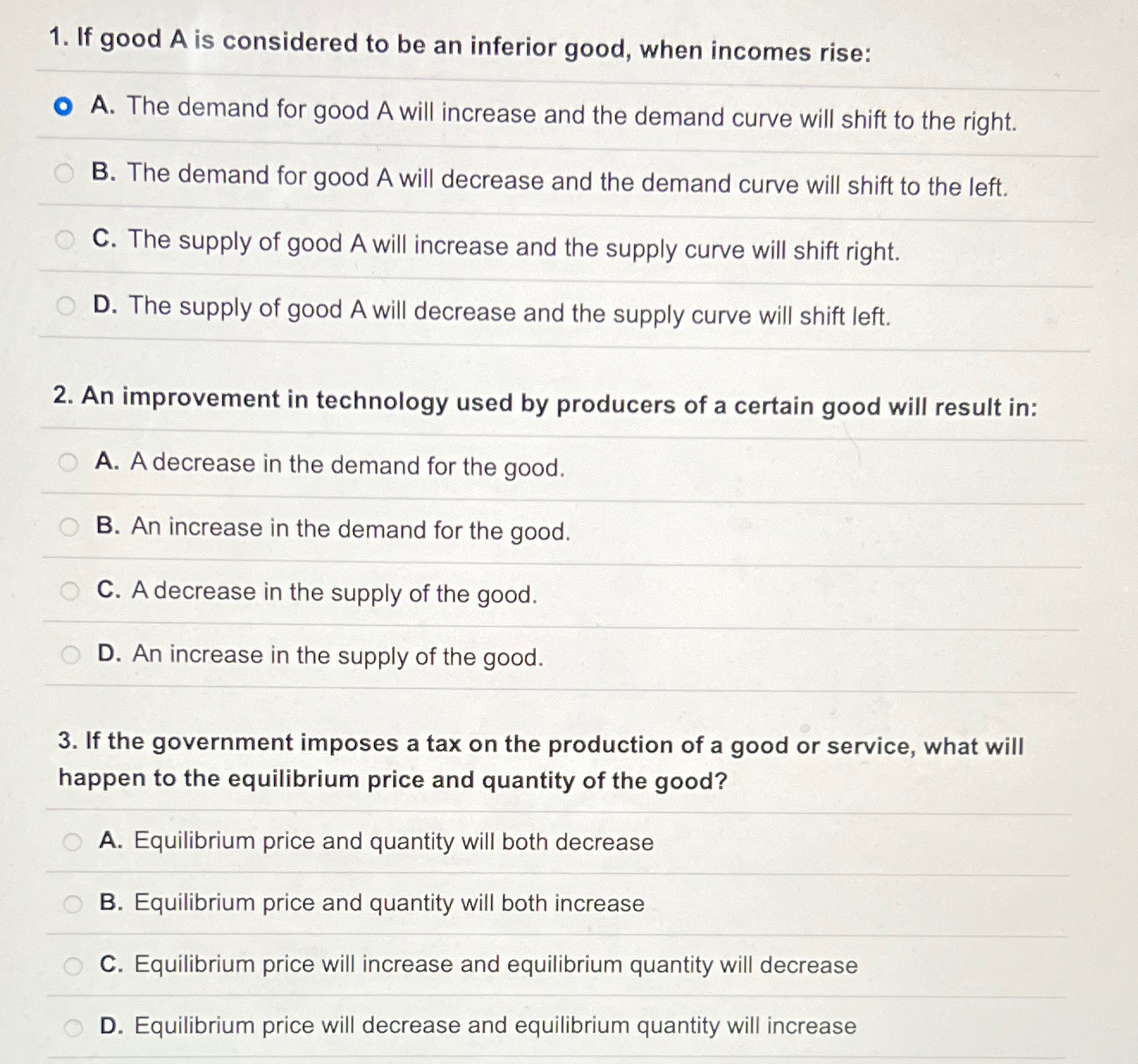 Solved If good A ﻿is considered to be an inferior good, when | Chegg.com