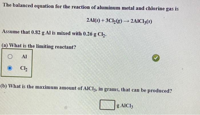 Solved The balanced equation for the reaction of aluminum | Chegg.com