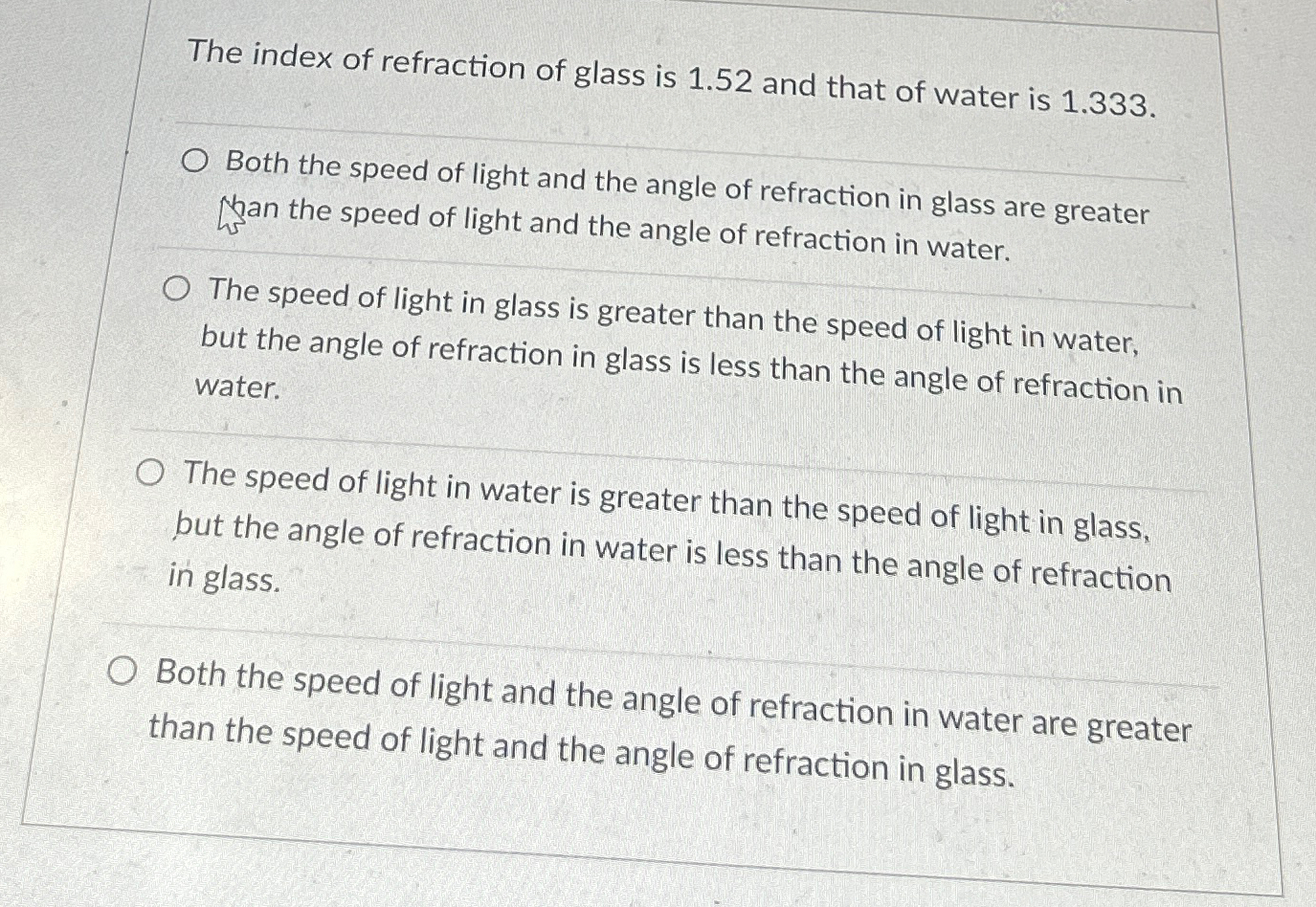 The index of refraction of glass is 1.52 ﻿and that of | Chegg.com