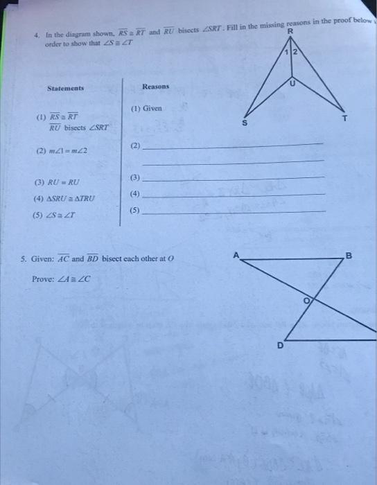 Solved 4. In the diagram shown. RS = RT and RU bisects SRT. | Chegg.com