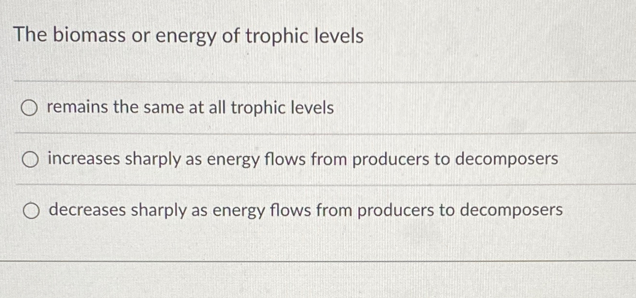 Solved The biomass or energy of trophic levelsremains the | Chegg.com