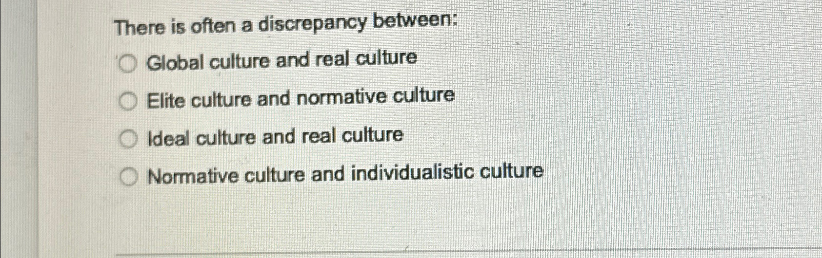 Solved There is often a discrepancy between:Global culture | Chegg.com