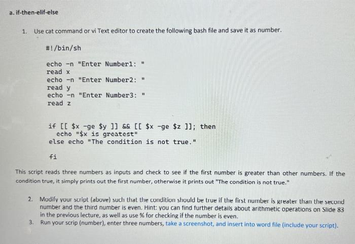 Solved if-then-elif-else 1. Use cat command or vi Text | Chegg.com