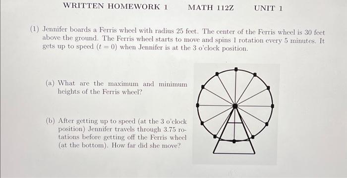 Solved 1) Jennifer boards a Ferris wheel with radius 25 | Chegg.com